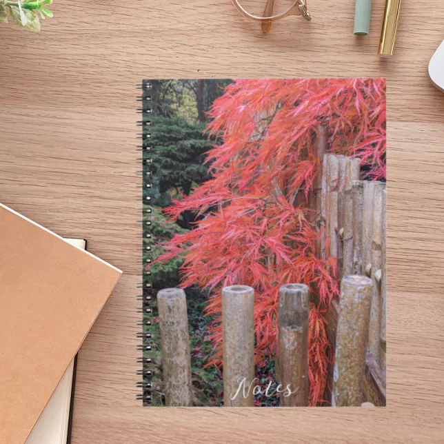 Red Japanese Maple Leaves and Bamboo Fence Notebook | Zazzle