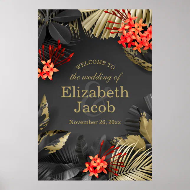 Red Jasmine Dark Tropical Wedding Poster | Zazzle