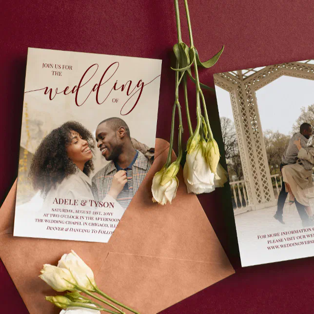 Red Join Us Calligraphy Photo Double Sided Wedding Invitation | Zazzle
