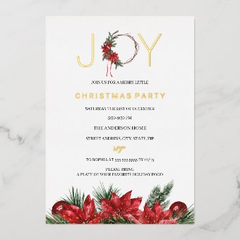 Red Joy Christmas Party Foliage Wreath Foil Invitation | Zazzle