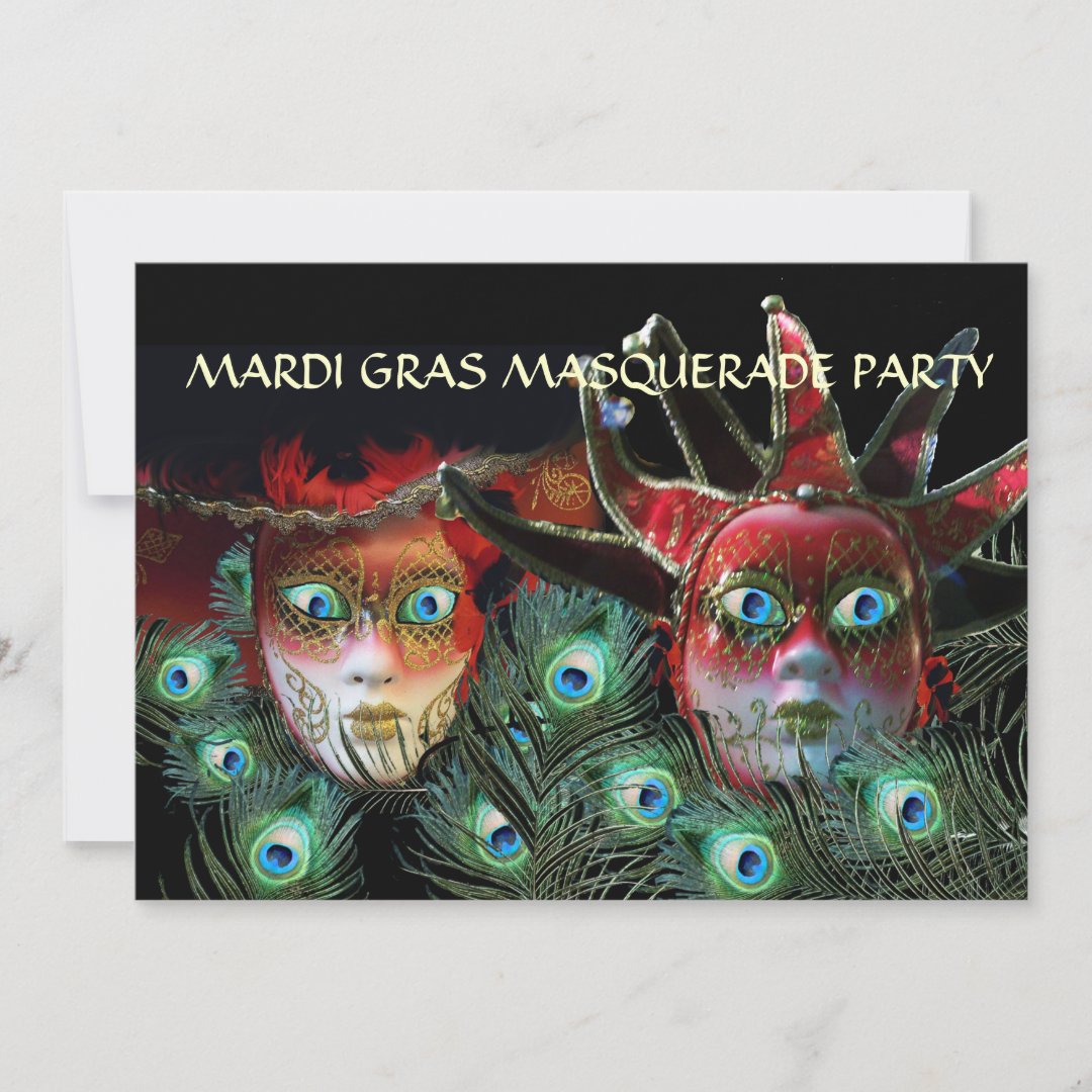 RED LADY AND JESTER MASK WITH PEACOCK FEATHERS INVITATION | Zazzle