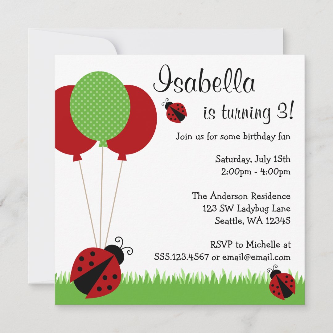 Red Ladybug Balloons Birthday Party Invitations | Zazzle
