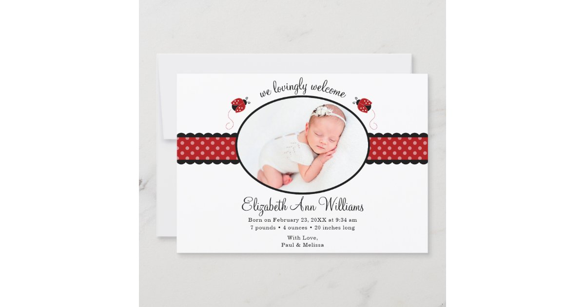 Red Ladybug Polka Dot Photo Birth Announcement | Zazzle