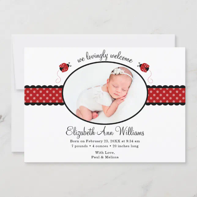 Red Ladybug Polka Dot Photo Birth Announcement | Zazzle