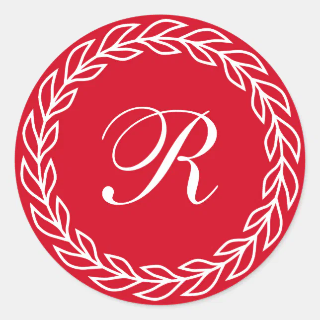 Red Laurel Wreath with Custom Monogram Classic Round Sticker | Zazzle