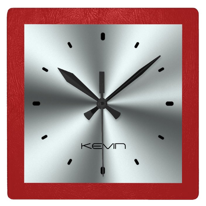 Red Leather & Metallic Stainless Steel Square Wall Clock | Zazzle.com