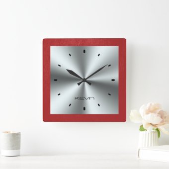 Red Leather & Metallic Stainless Steel Square Wall Clock | Zazzle