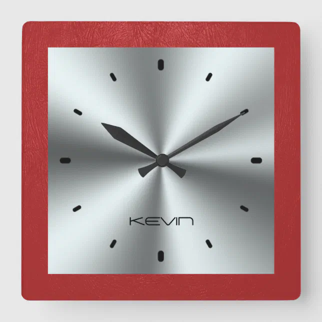 Red Leather & Metallic Stainless Steel Square Wall Clock | Zazzle