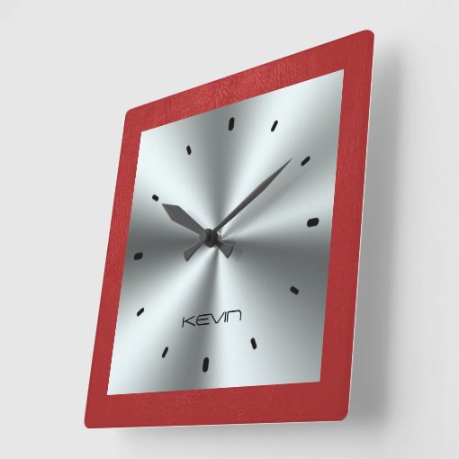 Red Leather & Metallic Stainless Steel Square Wall Clock | Zazzle