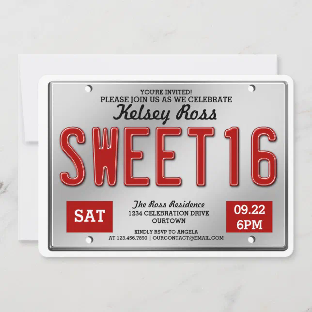 Red License Plate Sweet 16 Party Invitations | Zazzle