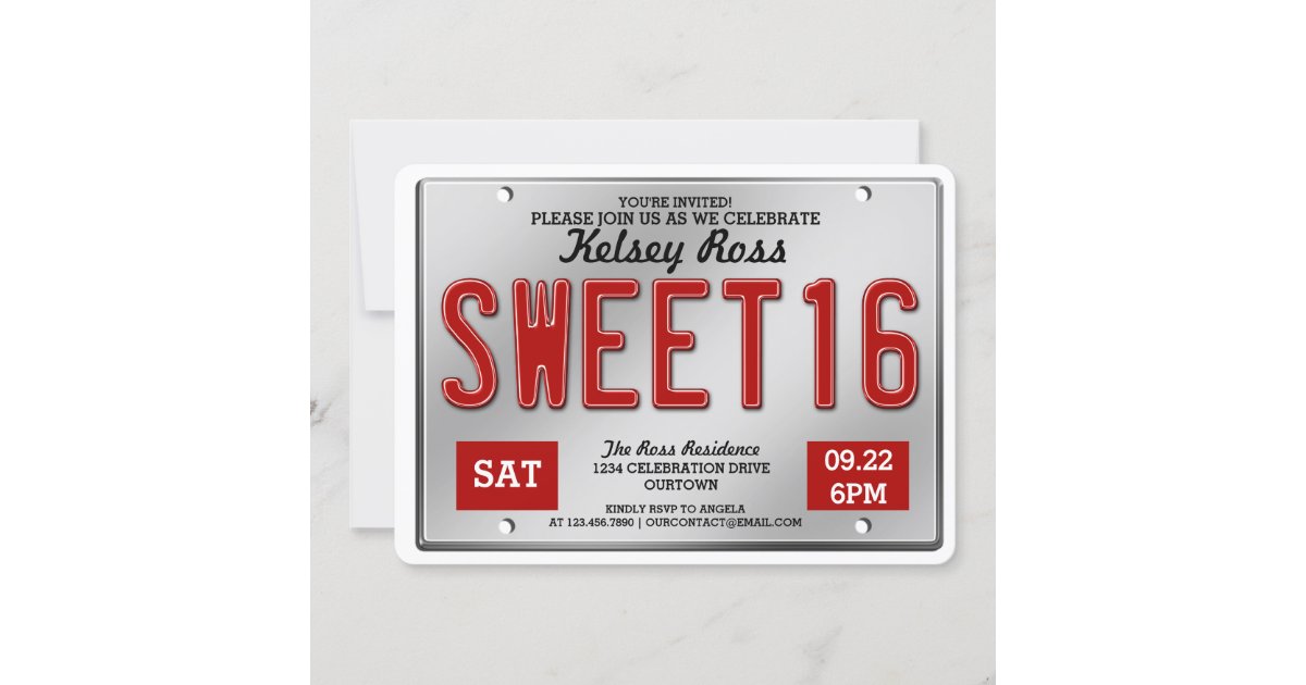 Red License Plate Sweet 16 Party Invitations | Zazzle