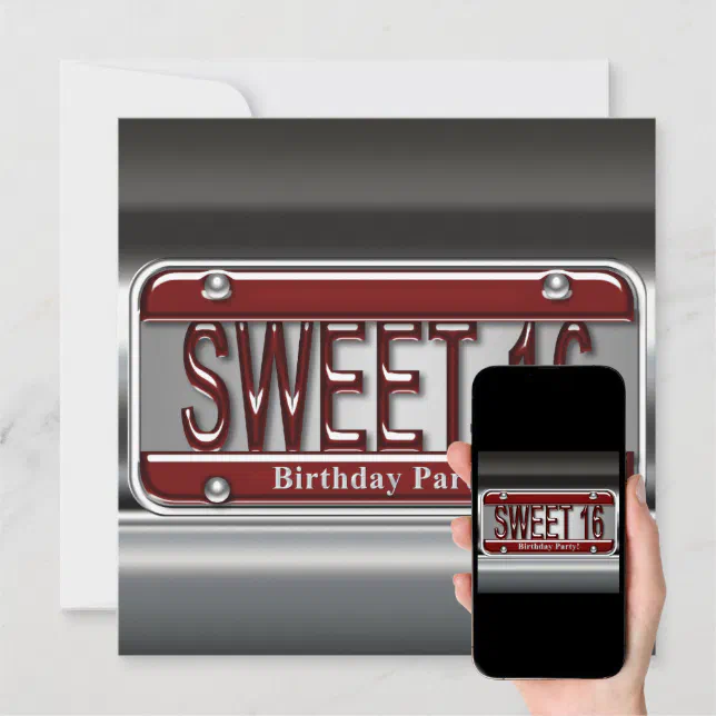 Red License Plate Sweet Sixteen Party Invitation | Zazzle