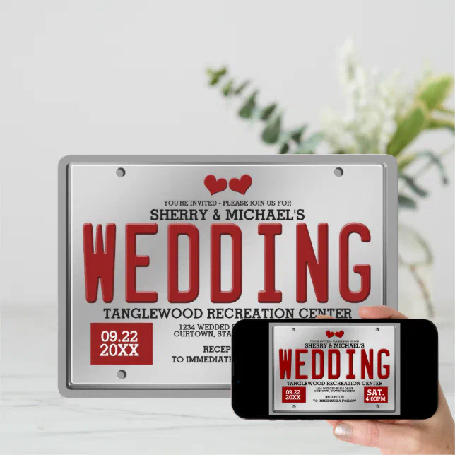 Red License Plate Wedding Invitation | Zazzle