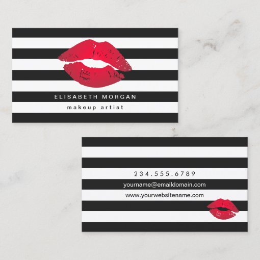 Red Lips Black White Stripes Modern Makeup Artist Business Card Zazzle
