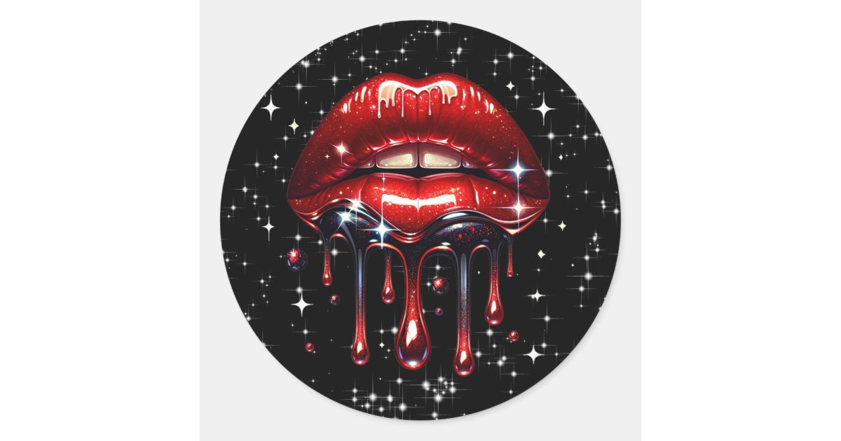 Red Lips Dripping Glitter Glam Faux Sparkle Classic Round Sticker | Zazzle