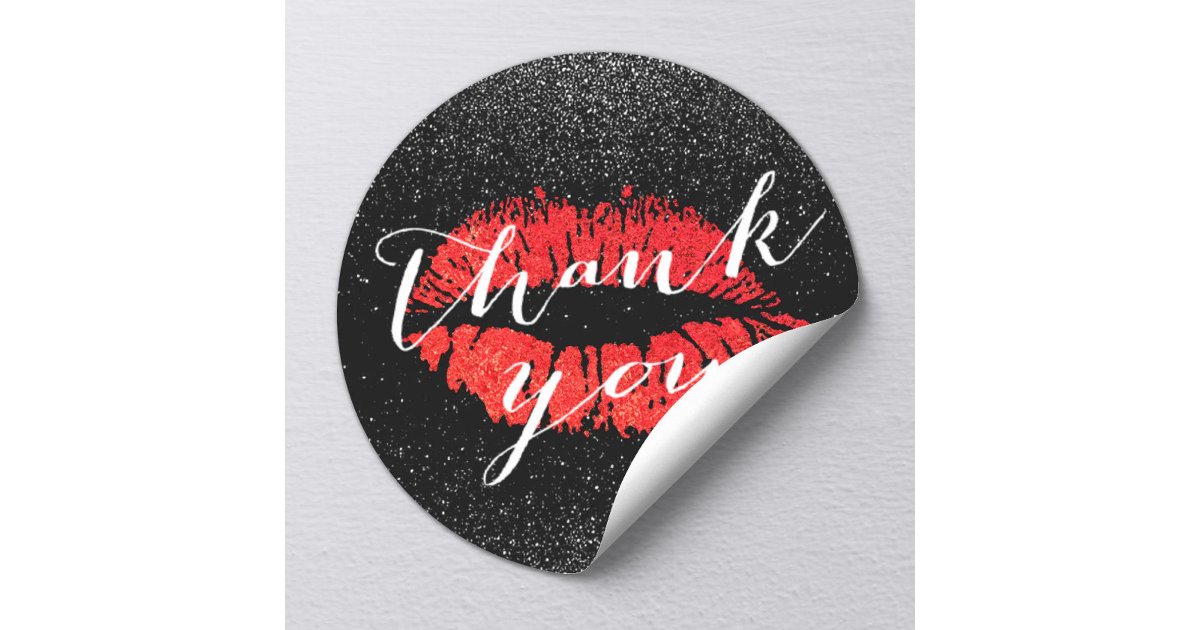 Red Lips Kiss Black Glitter Thank You Classic Round Sticker | Zazzle