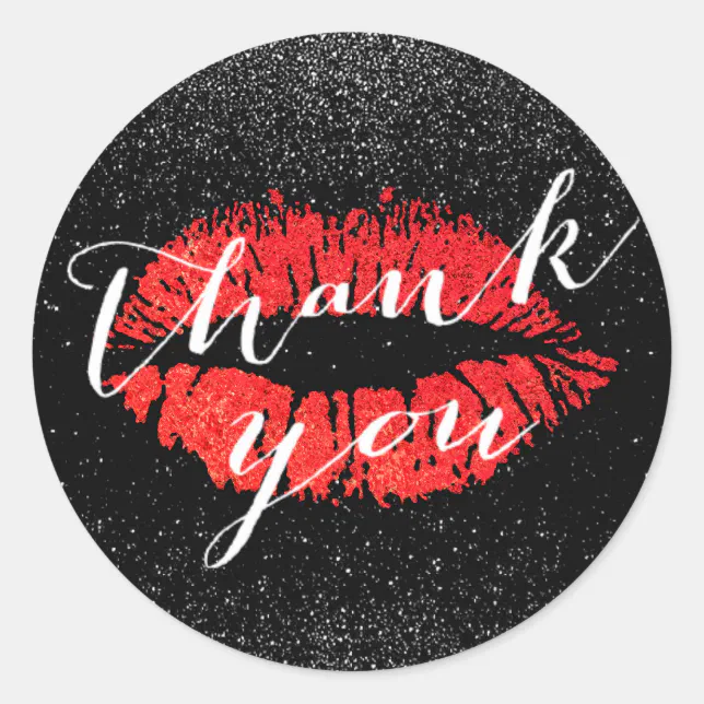 Red Lips Kiss Black Glitter Thank You Classic Round Sticker | Zazzle