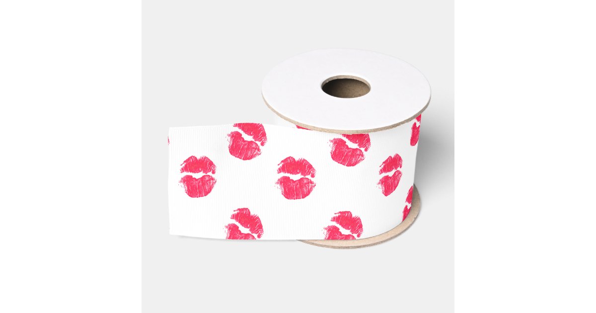 Red Lips Kiss Kisses Pattern Valentine's Day Love Grosgrain Ribbon | Zazzle