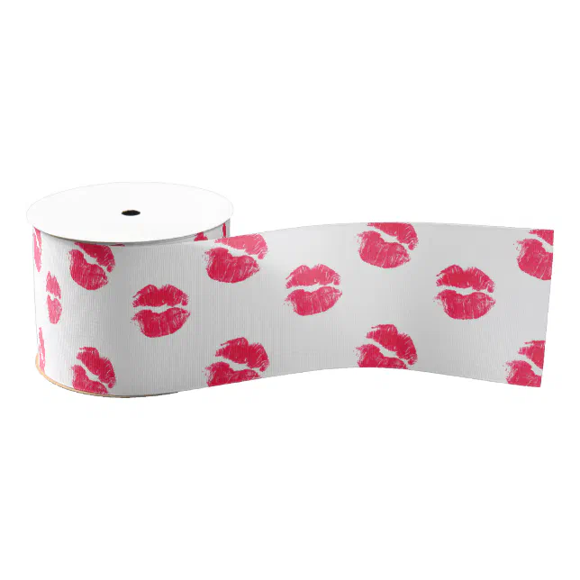 Red Lips Kiss Kisses Pattern Valentine's Day Love Grosgrain Ribbon | Zazzle
