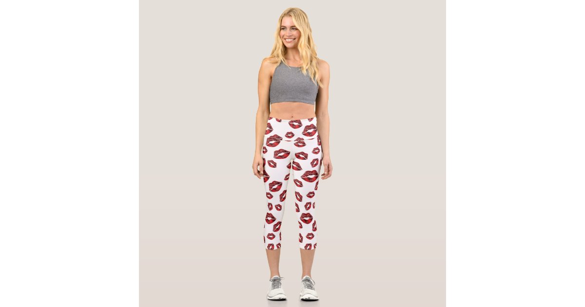 Red Lips Kiss Pattern Capri Cropped Leggings | Zazzle