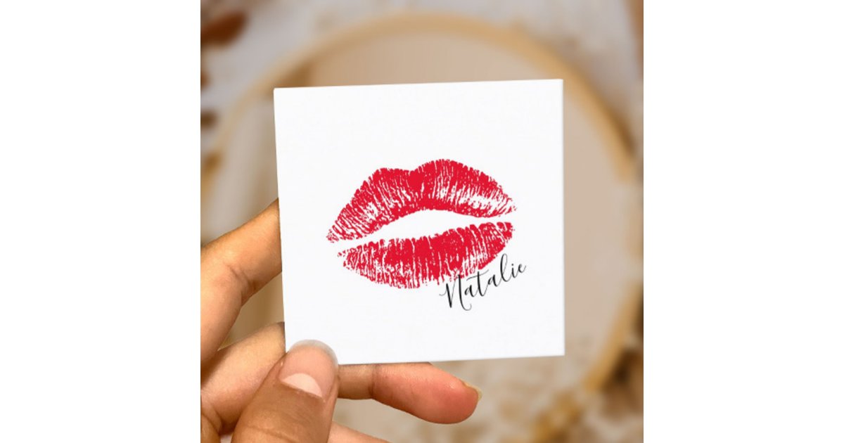 Red Lips Kiss Signature Makeup Artist Plain Square Business Card | Zazzle