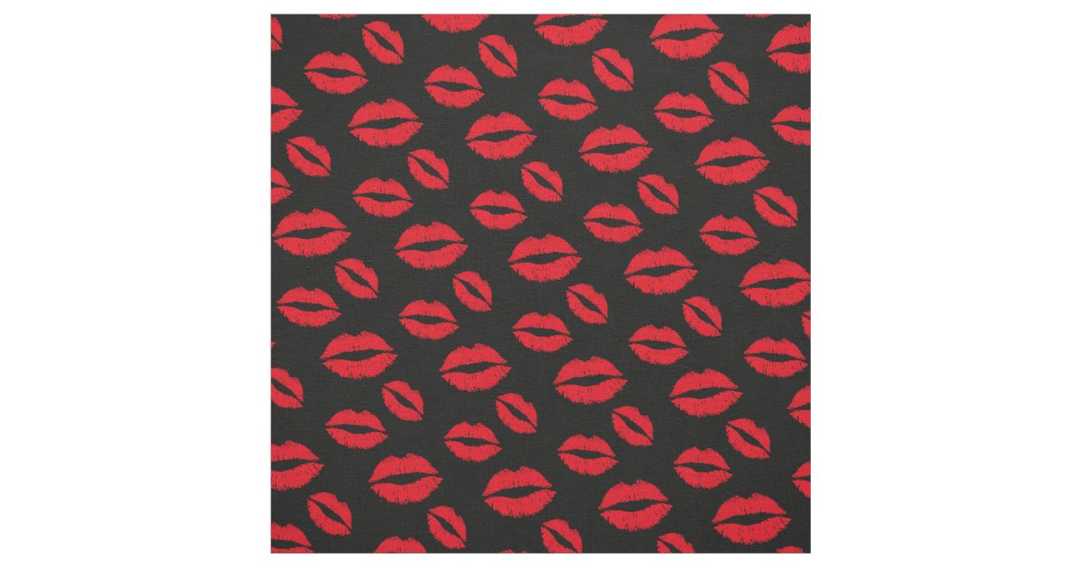 Red Lips Pattern Modern Black Fabric | Zazzle