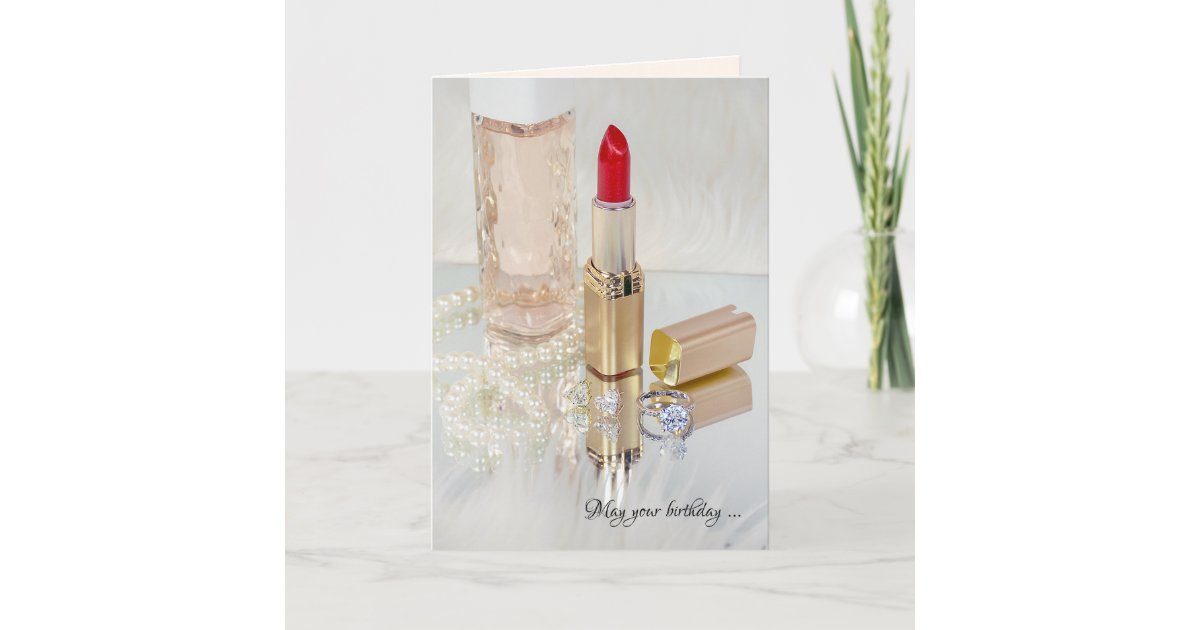 Red lipstick and jewelry birthday card | Zazzle