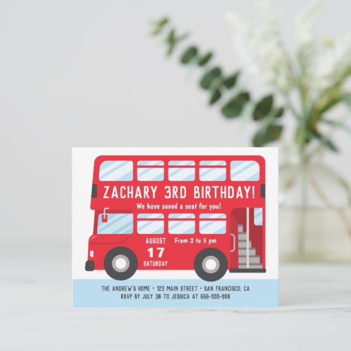 Red London Bus Kids Birthday Party Invitation | Zazzle