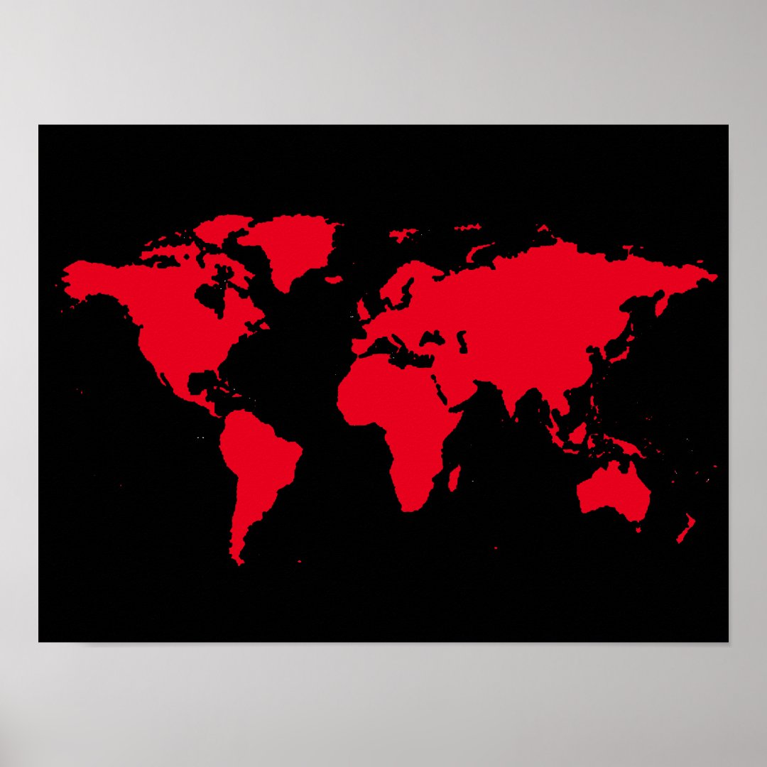 red map of world on black poster | Zazzle