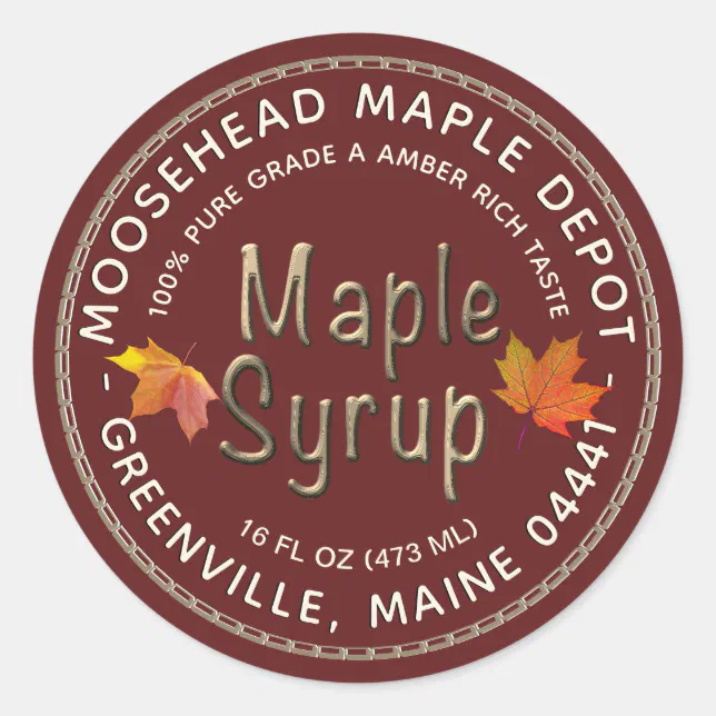 Red Maple Syrup Autumn Maple Leaves with Border Classic Round Sticker ...