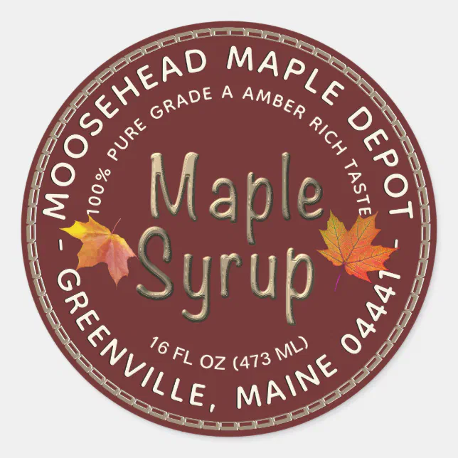 Red Maple Syrup Autumn Maple Leaves with Border Classic Round Sticker ...