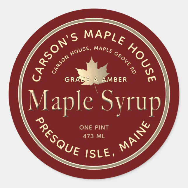 Red Maple Syrup Label with Gold Border and Leaf | Zazzle
