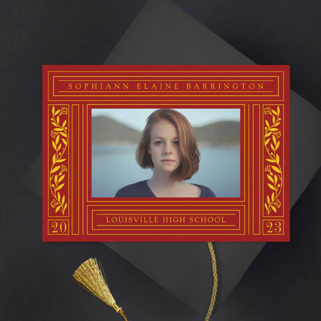 Red Maroon and Gold Graduation Photo Announcement | Zazzle
