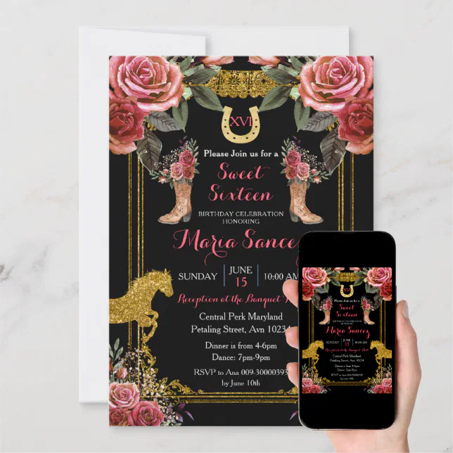 Red Maroon Sweet Sixteen Horse Charra Birthday Invitation | Zazzle