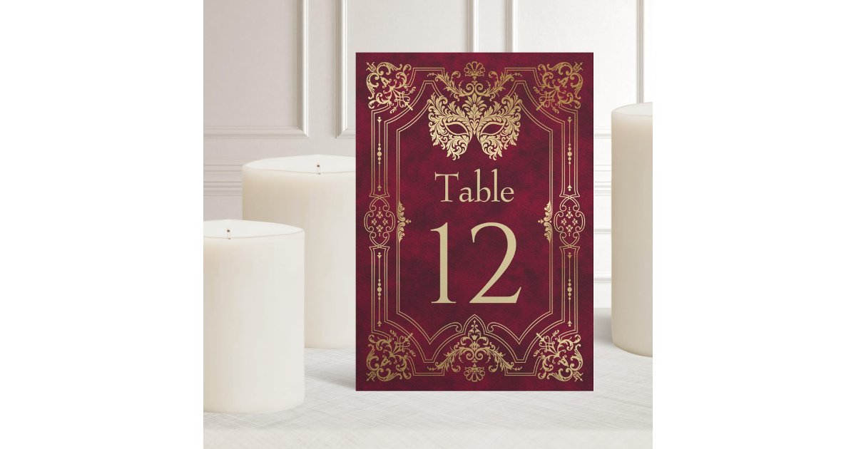 Red Masquerade Mask Elegant Quinceanera Table Number | Zazzle