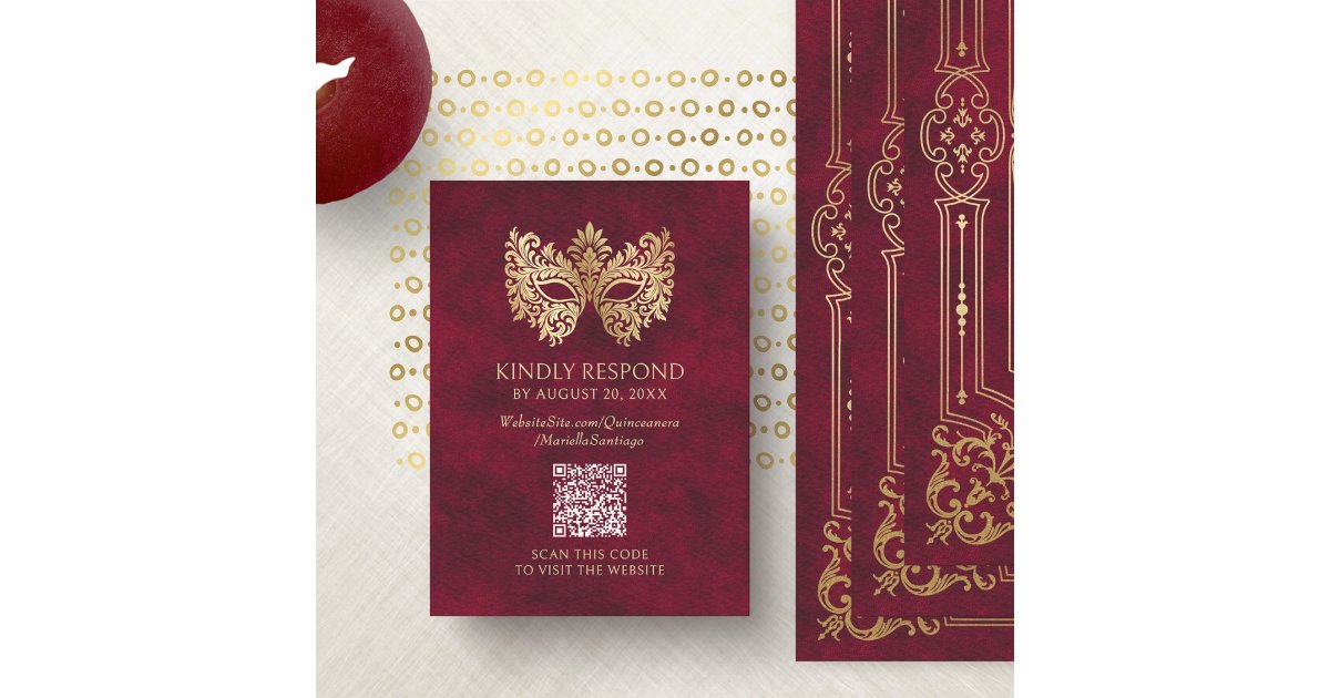 Red Masquerade Mask Quinceanera QR RSVP Enclosure Card | Zazzle