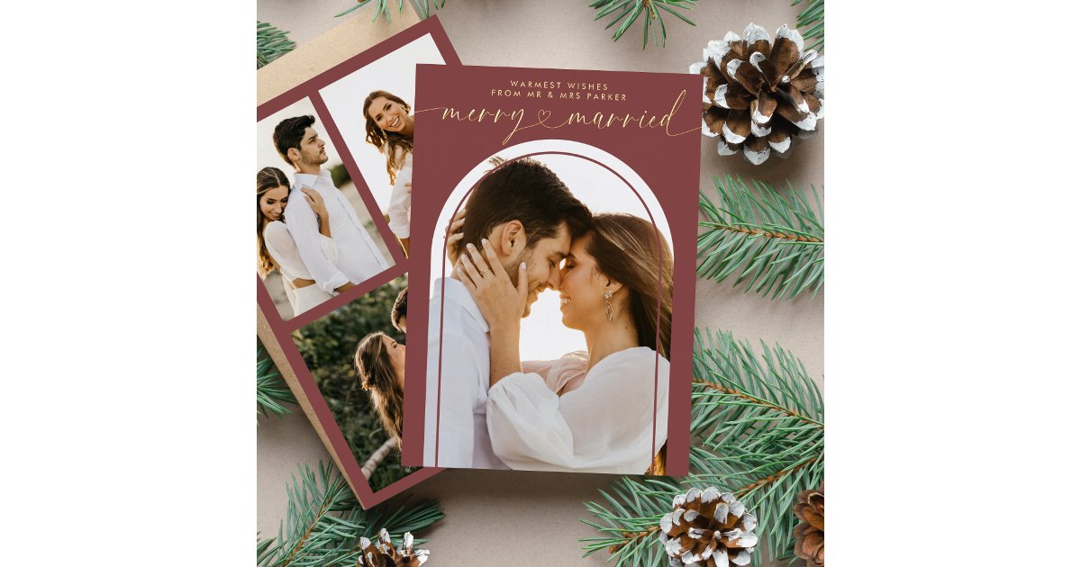 Red Merry and Married Heart Script Christmas Photo Foil Holiday Card ...
