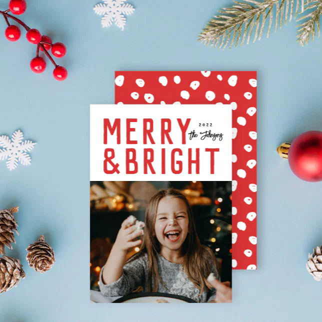 Red Merry & Bright Bold Typography Christmas Photo Holiday Card | Zazzle