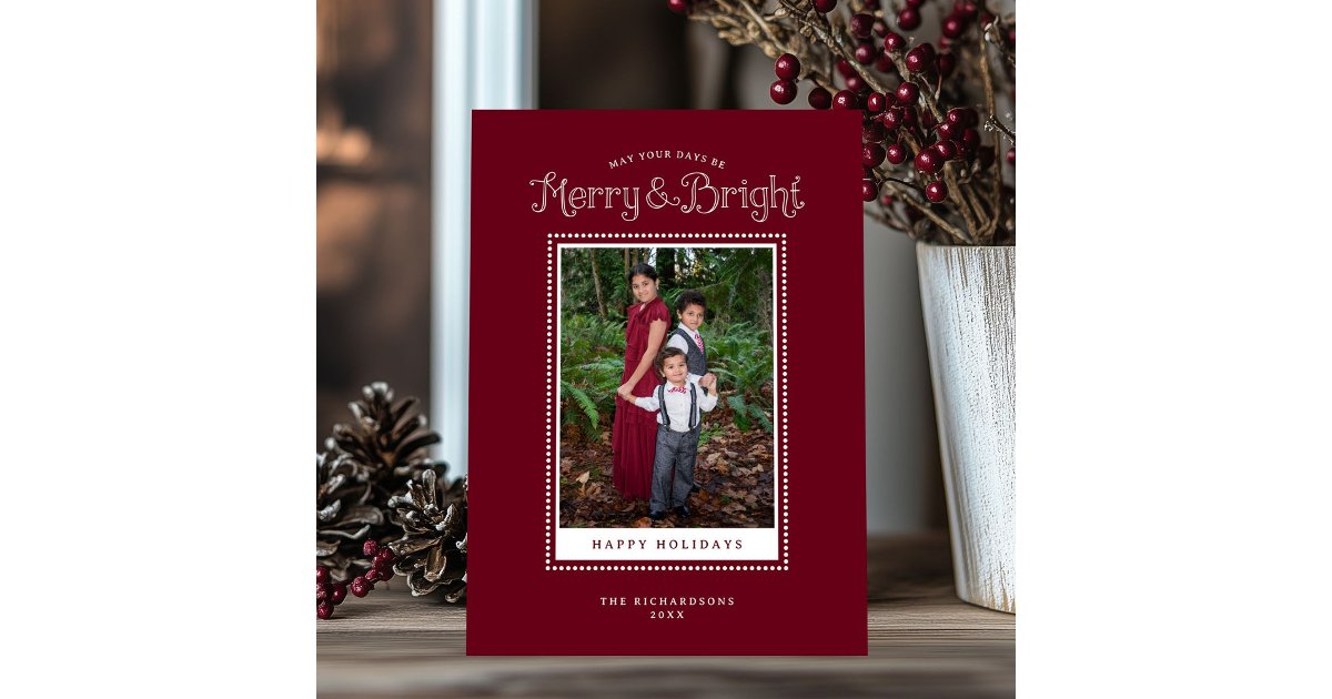 Red Merry Bright Elegant Photo Holiday Card | Zazzle