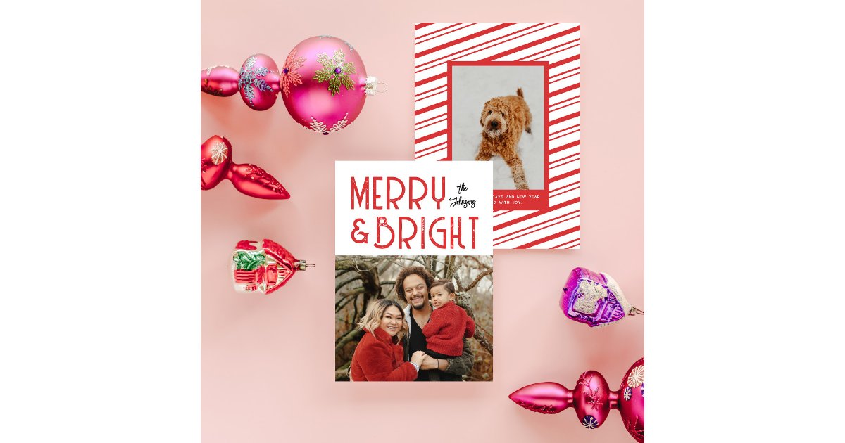 Red Merry & Bright Retro Typography Photo Holiday Card | Zazzle