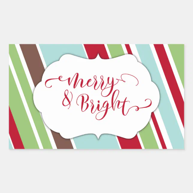 Red Merry & Bright Typography w/ Diagonal Stripes Rectangular Sticker ...