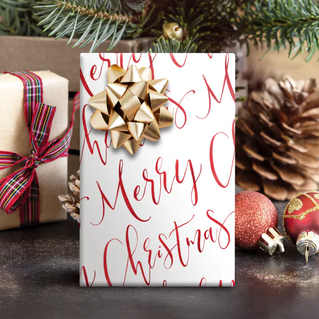 Red Merry Christmas Calligraphy Holiday Wrapping Paper | Zazzle