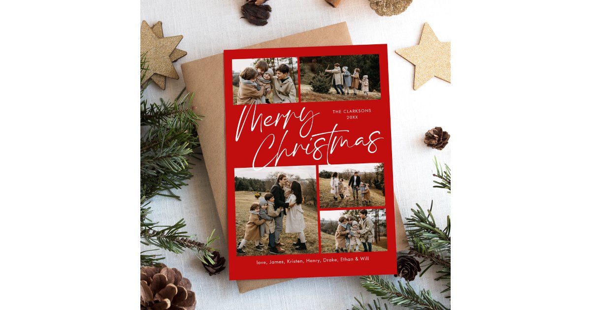 Red Merry Christmas Calligraphy Script 5 Photo Holiday Card | Zazzle