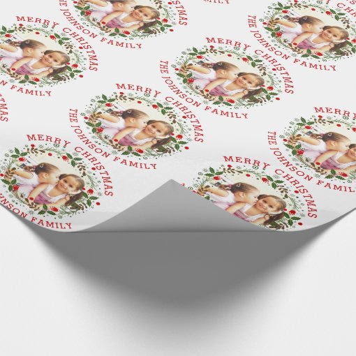 Red Merry Christmas, floral wreath holiday photo Wrapping Paper | Zazzle