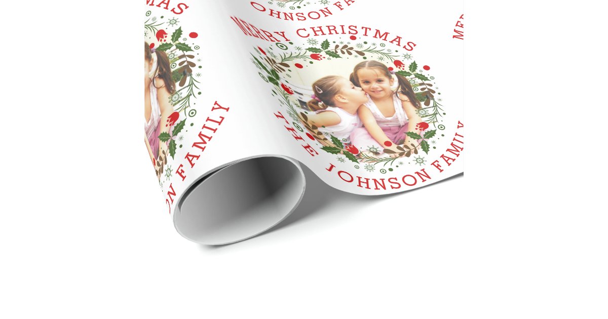 Red Merry Christmas, floral wreath holiday photo Wrapping Paper | Zazzle