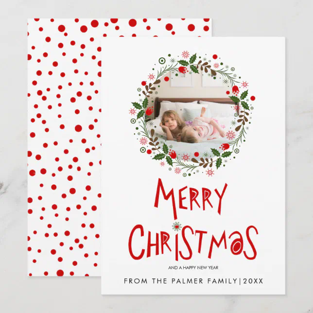 Red Merry Christmas typography and wreath photo Holiday Card | Zazzle