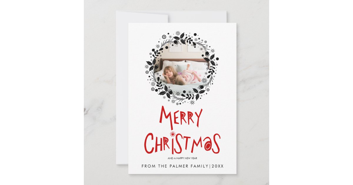 Red Merry Christmas typography black wreath photo Holiday Card | Zazzle