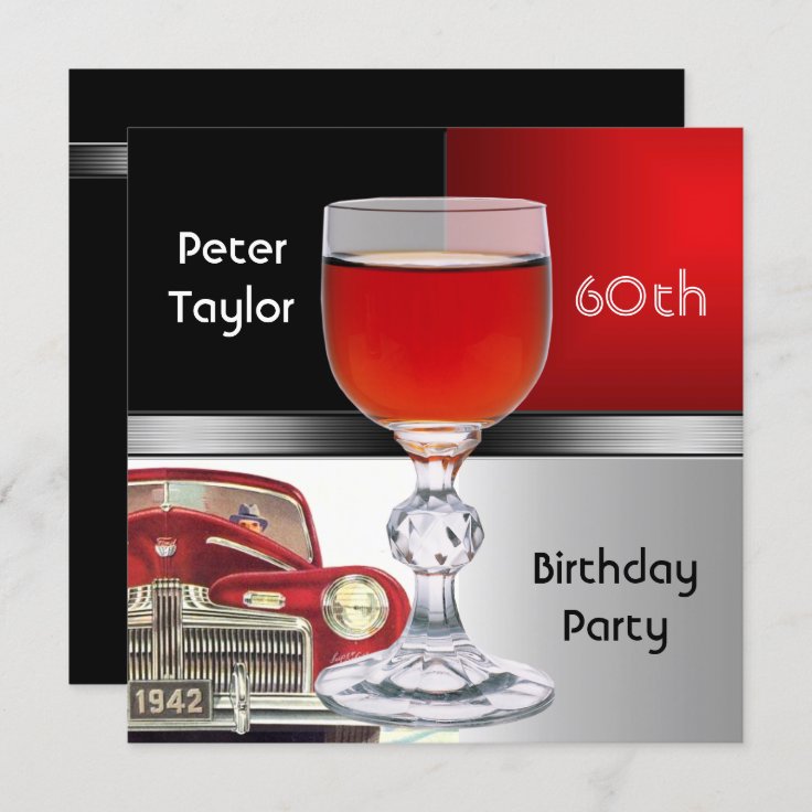 Red Metal Silver Red Car Mens 60th Birthday Man Invitation | Zazzle