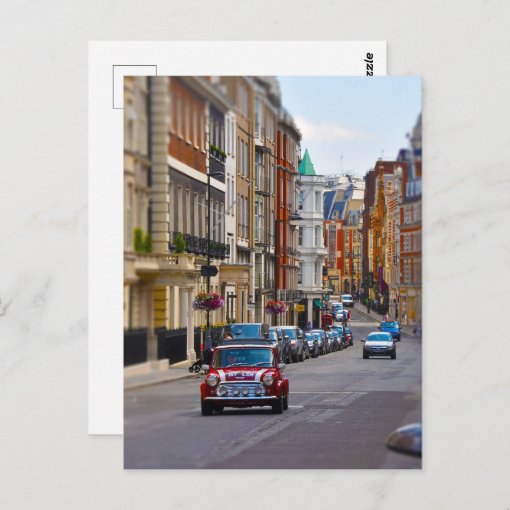 Red Mini Cooper car city scene postcard | Zazzle