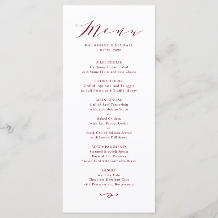 Red Minimalist Dainty Script Wedding Menu | Zazzle.com